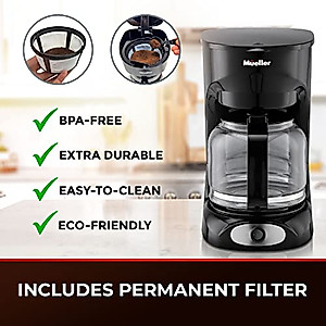 Mueller 12-Cup Drip Coffee Maker with Permanent Filter and Borosilicate Glass Carafe, Auto Keep Warm Function, Clear Water Level Window Coffee Machine