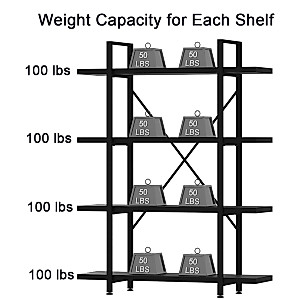 HSH 4 Tier Black Bookshelf, Industrial Metal Wood Storage Book Shelves, Modern Open 4 Shelf Bookcase and Display Etagere, Vertical Book Shelf for Bedroom Living Room Office