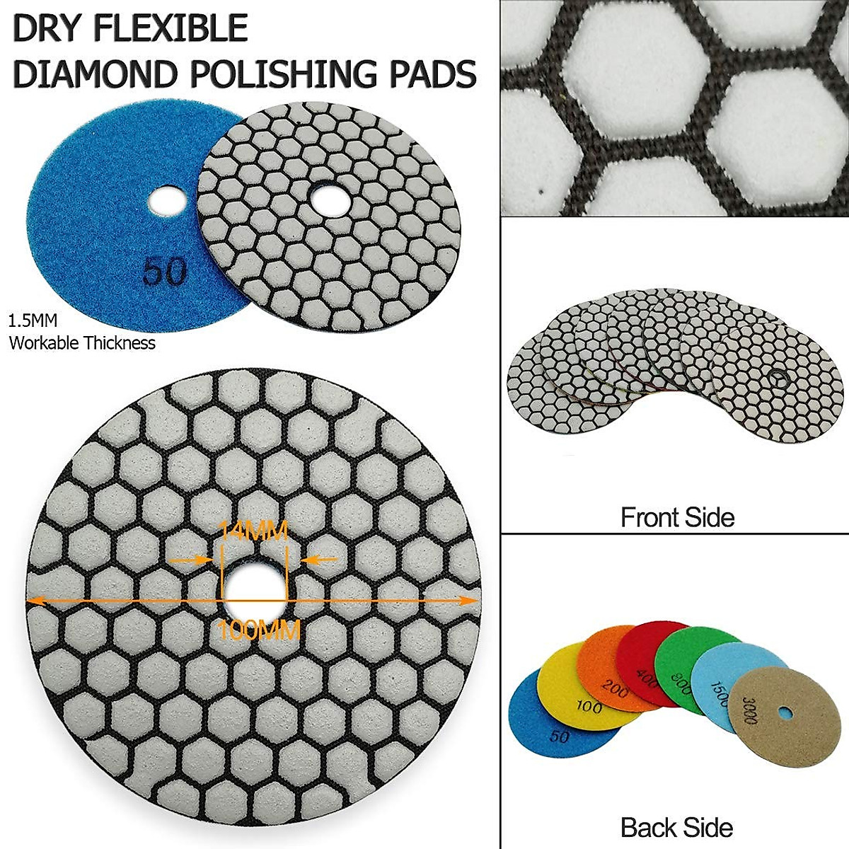 SHDIATOOL Diamond Polishing Pads Kit for Granite Marble Stone Tiles Including 3 Kinds Diamond Pads