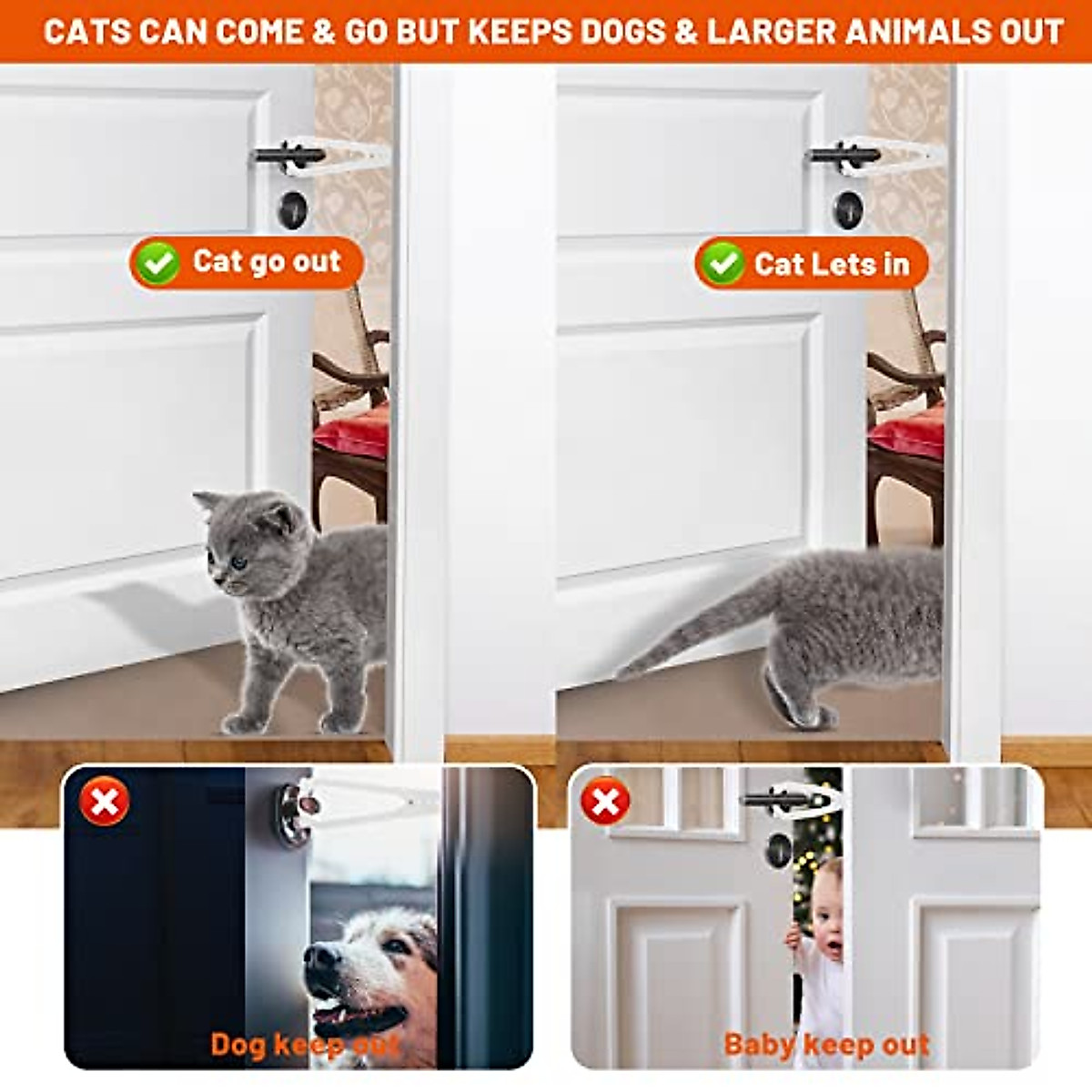 2PCS Cat Door Holder Latch - Cat Door Alternative - No Need for Baby Gate and Pet Door Installs Fast Flex Latch Strap Let's Cats in and Keeps Dogs Out of Litter & Food - Super Easy to Install (L)