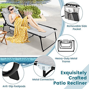 Goplus Chaise Lounge Chair Outdoor, Extra Large Folding 5-Postion Beach Lounge Chair with Detachable Pillow, Side Pocket, Sunbathing Lounge Chair, Adjustable Tanning Chair for Patio Lawn Pool Yard