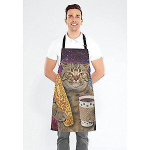 Lefolen Funny Galaxy Cat Adjustable Bib Apron, The cat is holding a cup of black coffee and a baguette Cooking Kitchen Apron for Men Women