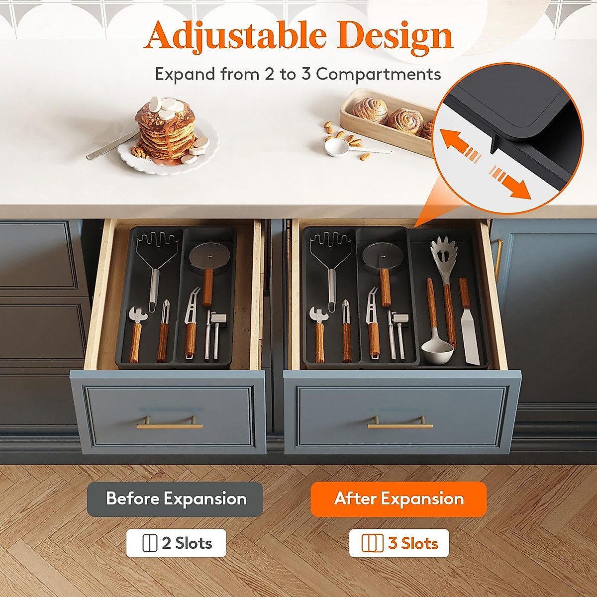 Lifewit Utensil Drawer Organizer, Expandable Cooking Silverware Tray for Kitchen Drawer, Adjustable Cutlery Flatware Holder, Plastic Spatula Tools and Gadgets Storage Divider, 3 Compartments, Black