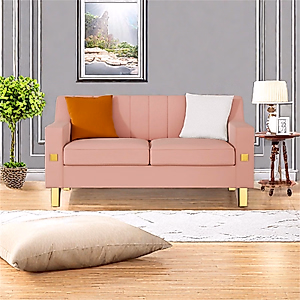 VLUOO 58” Velvet Pink Sofa Couch with Gold Accents, 2-Seat Modern Velvet Loveseat Sofa with Plush Cushions, Perfect for Living Room and Office