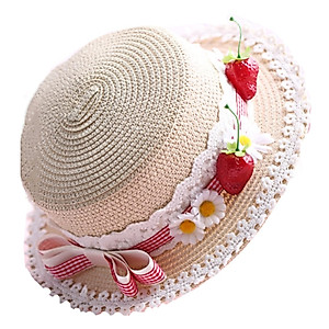Lolita Strawberry Straw Hat for Women Teens Summer Outdoor Fashionable Wide Brim Beach Sun Hats UV Protection (Beige)