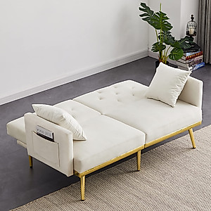 SEVENWOOD Velvet Convertible Loveseat Sleeper Sofa Bed for Small Spaces, Small Sofa Bed Couch with 3 Adjustable Backrest and 6 Gold Metal Legs for Living Room. (Off-White)