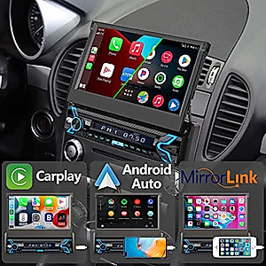 Single Din Car Stereo Compatible with Apple Carplay & Android Auto, 7 Inch Flip Out Touchscreen Car Radio Foldable Car Audio Receivers with Bluetooth/Mirror Link/Camera/FM/SWC/USB/AUX/TF/Subwoofer