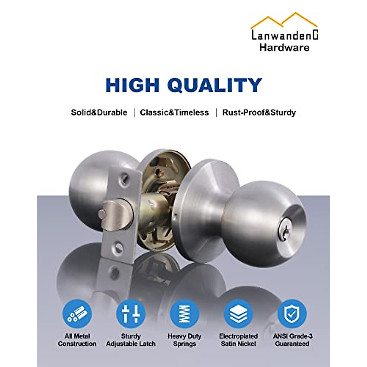 Lanwandeng (2 Pack) Entry Door Knob with Lock and Keys, Exterior/Interior Door Locks with Screwdriver for Bedroom or Bathroom,Satin Nickel Door knobs