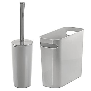 mDesign 2 Piece Combo - Slim Plastic Trash Can with Built-in Handles & Toilet Bowl Brush & Holder for Bathroom Storage and Organization - Set of 2 - Gray