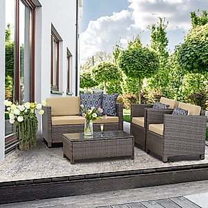 Solaste 4 Piece Outdoor Furniture Sets,Patio Conversation Sofa Wicker Chair with Cushion,All-Weather Rattan Sofa for Porch Backyard Outside Garden Lawn Yard,Grey