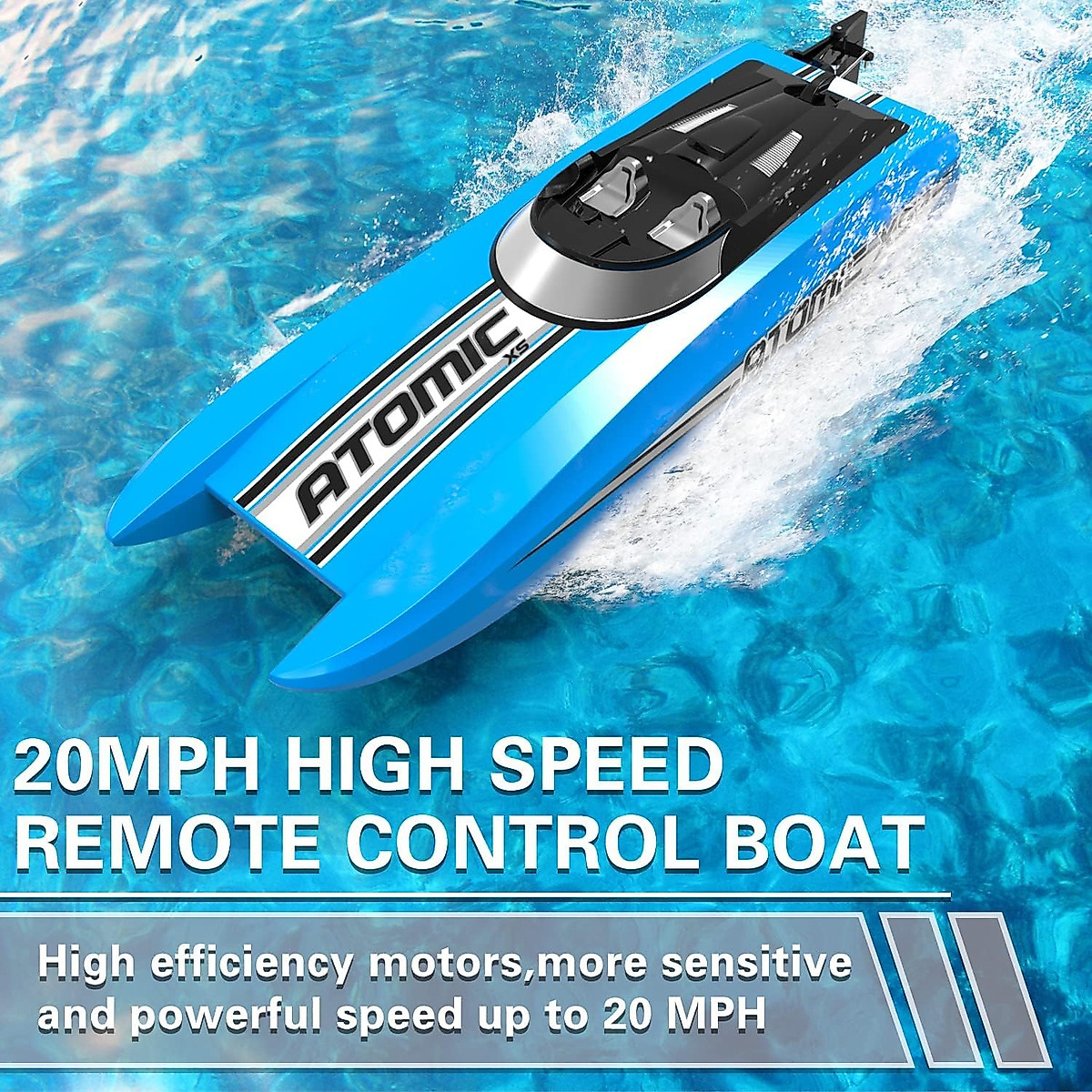 VOLANTEXRC Remote Control Boats for Pools and Lakes 20+MPH AtomicXS High Speed RC Boat for Kids or Adults Toy Boat Gifts with 2 Batteries & Reverse Function (795-5 Blue)