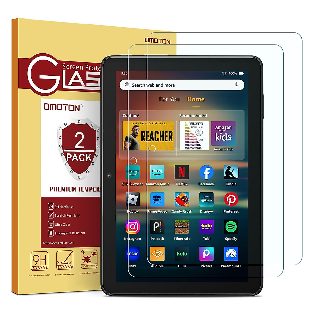 OMOTON Screen Protector for New Amazon Kindle Fire HD 8/8 Plus/Kids/Kids Pro Tablet(2024/2022/2020, 12th/10th Generation, 8 inch), Tempered Glass/9H Hardness/Case Friendly, 2 Pack