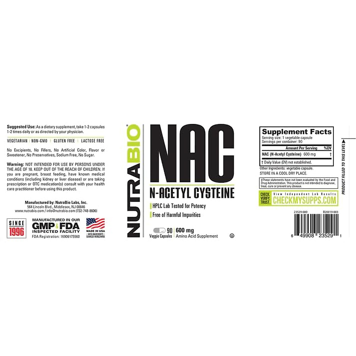 NutraBio N-Acetyl Cysteine Supplement (NAC) - 90 Capsules, 600mg Each - Powerful Anti-Oxidant - Immune Support - Boost Glutathione