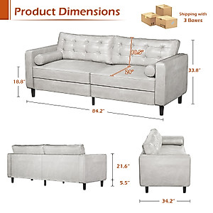 YODOLLA 84.2 Inch Faux Leather Sofa Couch with 2 Bolster, Large Mid Century Modern Couch with 2 Bolster Pillows 3 Seats Sofa Couch for Living Room, White