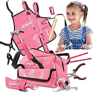 Hi-Spec 18pc Pink Kids Tool Kit Set & Child Size Tool Bag. Real Metal Hand Tools for DIY Building, Woodwork & Construction