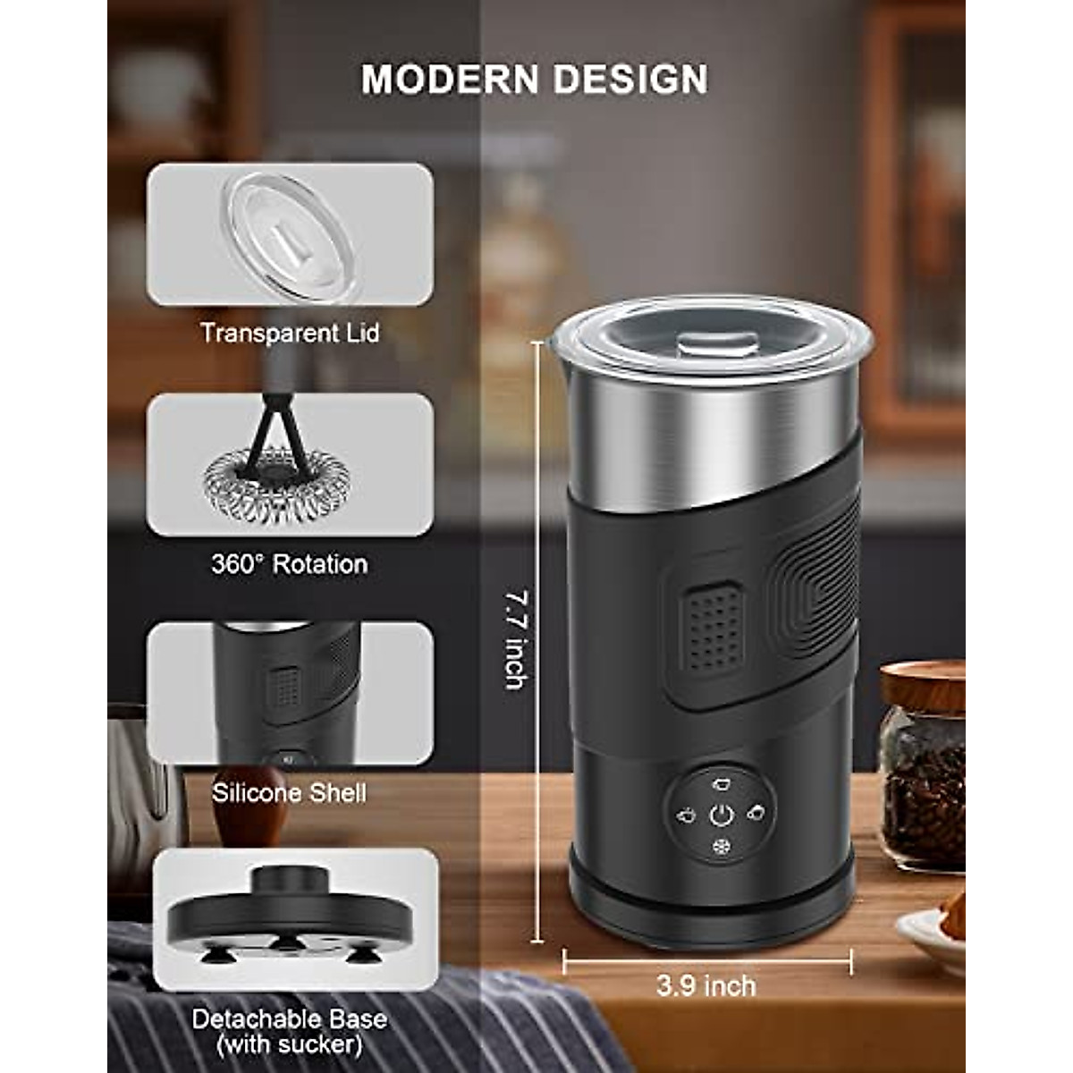 Rocyis 4 in 1 Milk Frother and Steamer-Electric Milk Warm Frother, 12oz/350ml Hot Cold Foamer-Coffee Steamer for Latte,Cappuccino,Hot Chocolate, Black