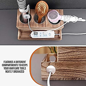 WELLAND Hair Tools Organizer for Bathroom Wall & Countertop, Holds Blow Dryer, Curling Iron, Hair Straightener and More, Rustic Wood Hair Dryer Holder with 3 Stainless Steel Cup