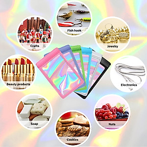 EONJOE 100-pack 3×4 inch mylar bags with clear window holographic resealable sealable packaging zip bag for small bussiness jewelry candy sample food packing supplies （Pink）