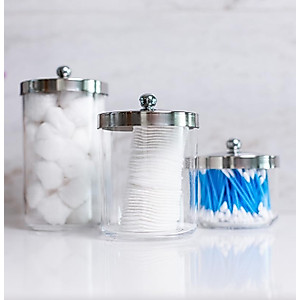 Huang Acrylic Chrome Lid Clear Cosmetic Container | Store Q-Tips, Cottonballs, Cotton Rounds | Perfect Counter Top or Shelf Storage | Large