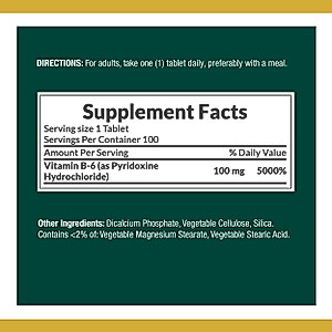 Nature's Bounty Vitamin B6, Supports Energy Metabolism and Nervous System Health, 100mg, Tablets, 100 Ct (Pack of 2)