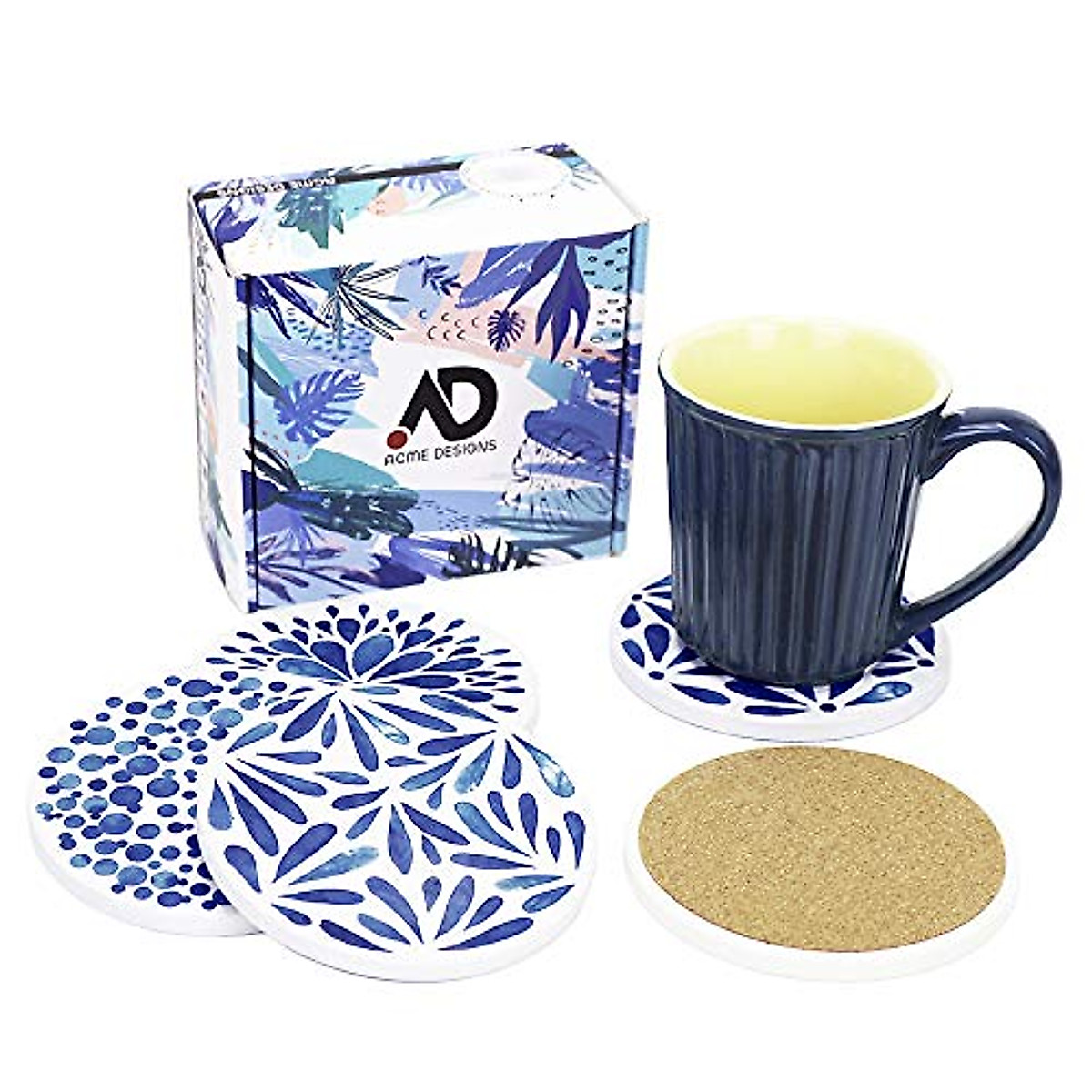 AD Set of 6 Coasters for Drinks Absorbing Round Ceramic Stone Coaster with Cork Base,Tabletop Protection Mat for Mugs and Cups,Office,Kitchen (Indigo Blue)
