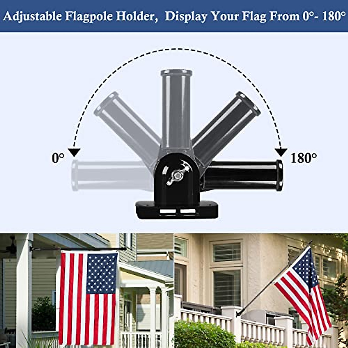 NQ Flag Pole Holder Adjustable, Flag Pole Bracket for Outside House Heavy Duty Aluminum, Multi-Position Flag Pole Mounting Bracket Rust Free with Hardwares, 1" Inner Diameter (Black- 1 Pack)