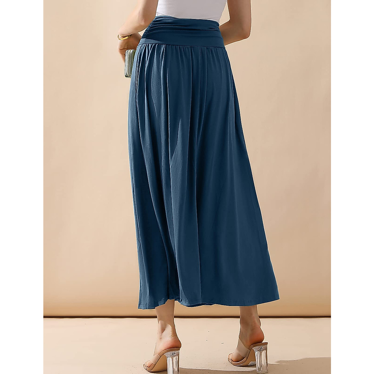 DOUBLJU Casual High Waisted Maxi Skirts with Pocket Elastic Wide Waist Band Flare Long Basic Skirts for Women Trendy Summer