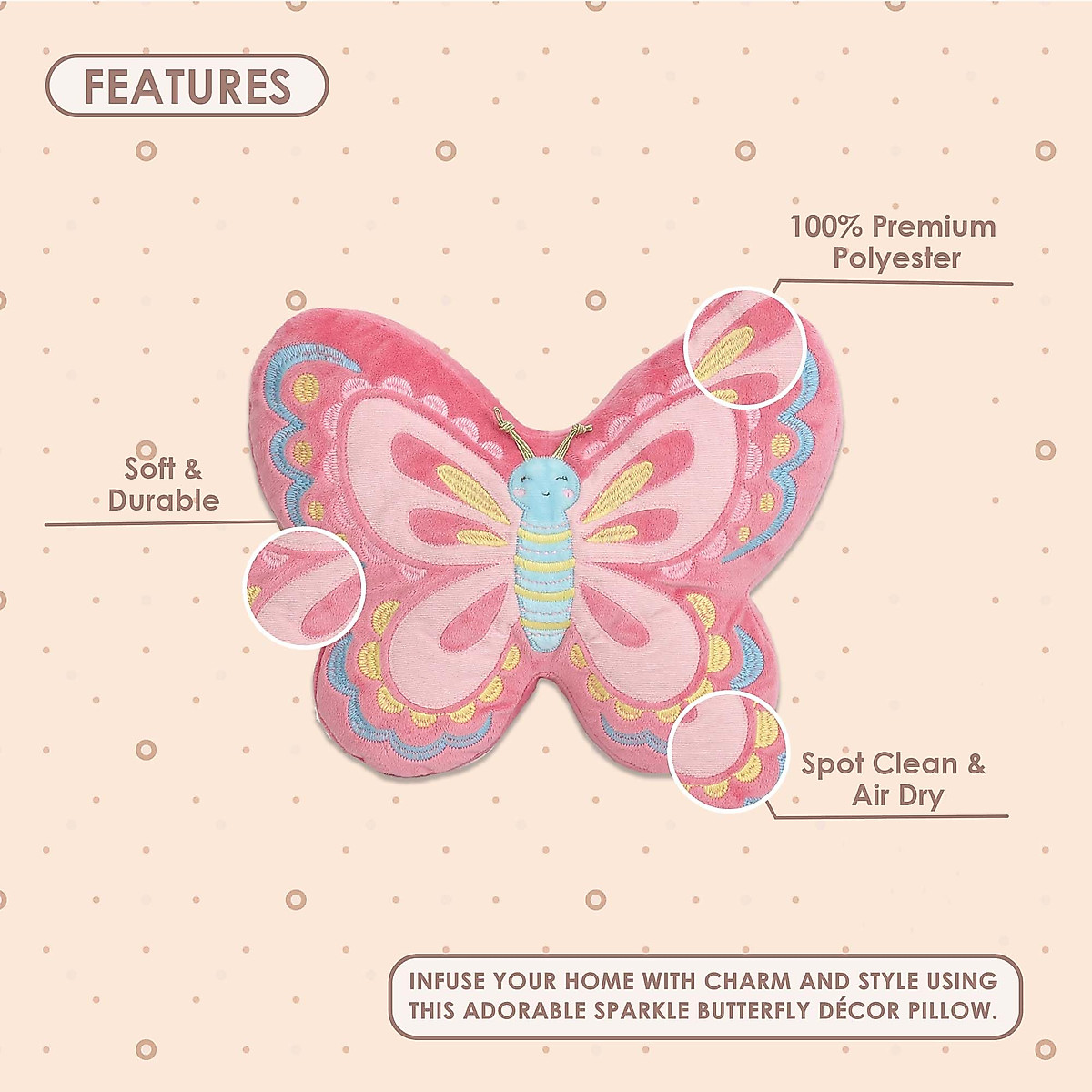 MON AMI Sparkle Butterfly Decorative Plush Throw Pillow - 12.5x10”, Soft Cushion, Stuffed Toy Décor Gifts for Kids of All Ages, Nursery Décor