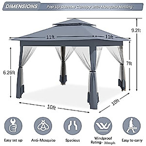 Gazebo, CBBPET 11'x 11' Pop Up Gazebo with Mosquito Netting, Outdoor Canopy with Double Roof Tops and 121 Square Feet of Shade for Patio, Group Gatherings, Camping Shelter (Gray)