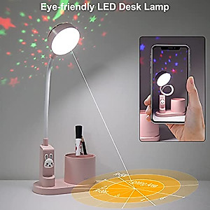 Kids Cute Kawaii Desk Table Lamp, Rechargeable Mini Portable Aesthetic Desk Lamp Desk Light with Star Projection & Pen Holder, Kawaii Desk Accessories for Kids Reading Home, Dorm as Best Gift.