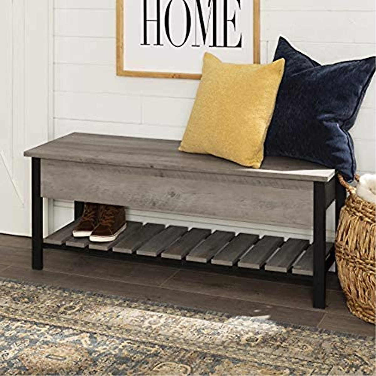 Walker Edison Julian Rustic Farmhouse Lift Top Entry Bench with Bottom Rack, 48 Inch, Grey