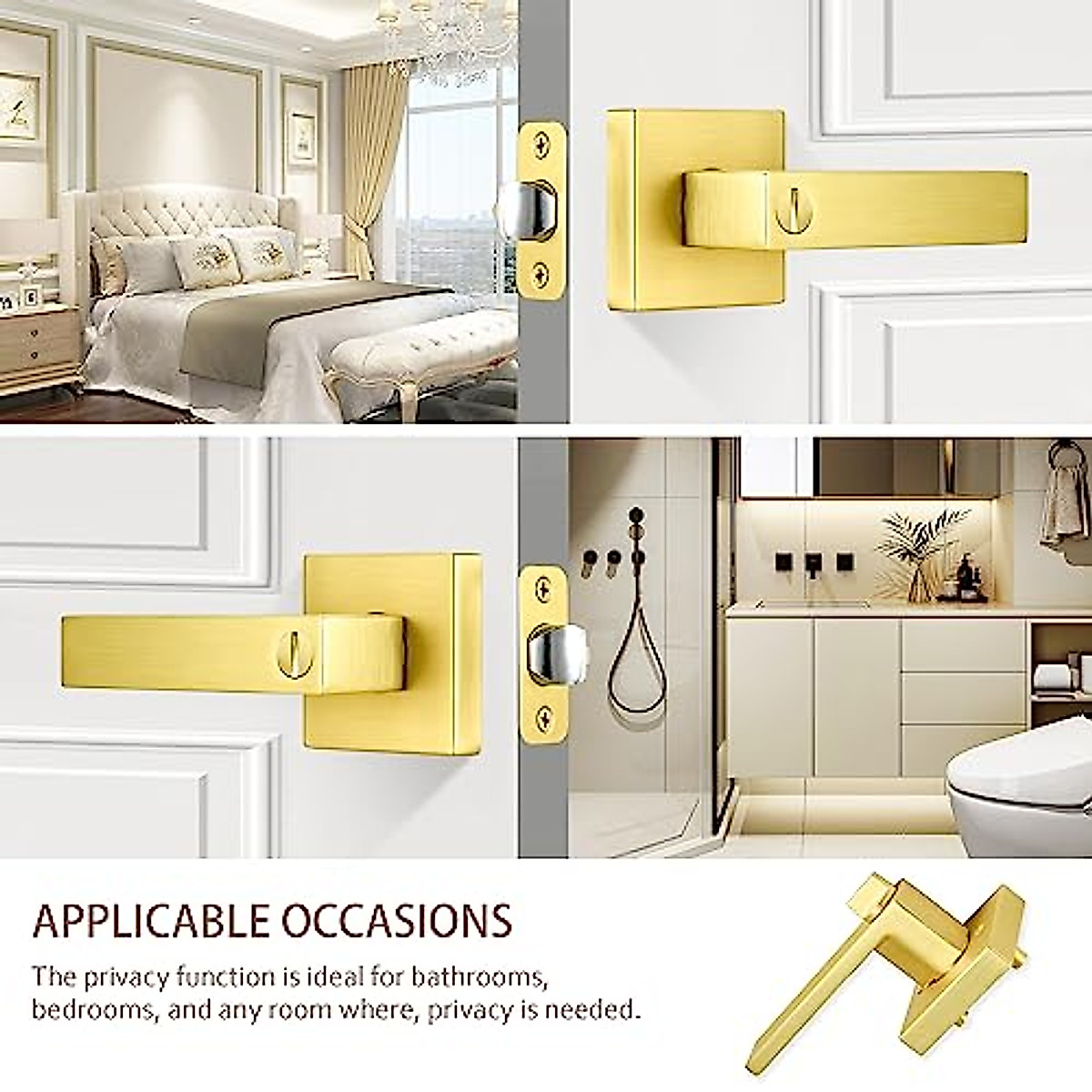 SHINY HANDLES Satin Brass Door Knobs Door Handles Interior with Lock, Privacy Gold Door Knob Door Levers for Bed/Bath (Keyless,1Pack)