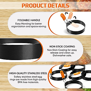 Patelai 4 Pcs Professional Egg Ring Pancake Ring Set Stainless Steel Fried Egg Ring Griddle Pancake Shapers with Orange Silicone Handle for Breakfast Omelette Sandwich (4 Pcs, 4 Inch)
