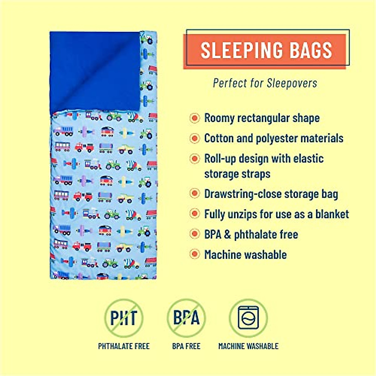 Wildkin Kids Sleeping Bags for Boys & Girls, Measures 57 x 30 x 1.5 Inches, Cotton Blend Material Sleeping Bag for Kids, Ideal for Parties, Camping & Overnight Travel(Trains Planes & Trucks)