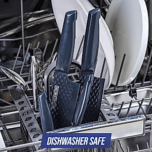 Blue Diamond Sharp Stone Nonstick Stainless Steel Cutlery, 4 Piece Set including Chef Santoku Serrated and Pairing Knives with Covers, Diamond Texture Blade, Dishwasher Safe, Blue