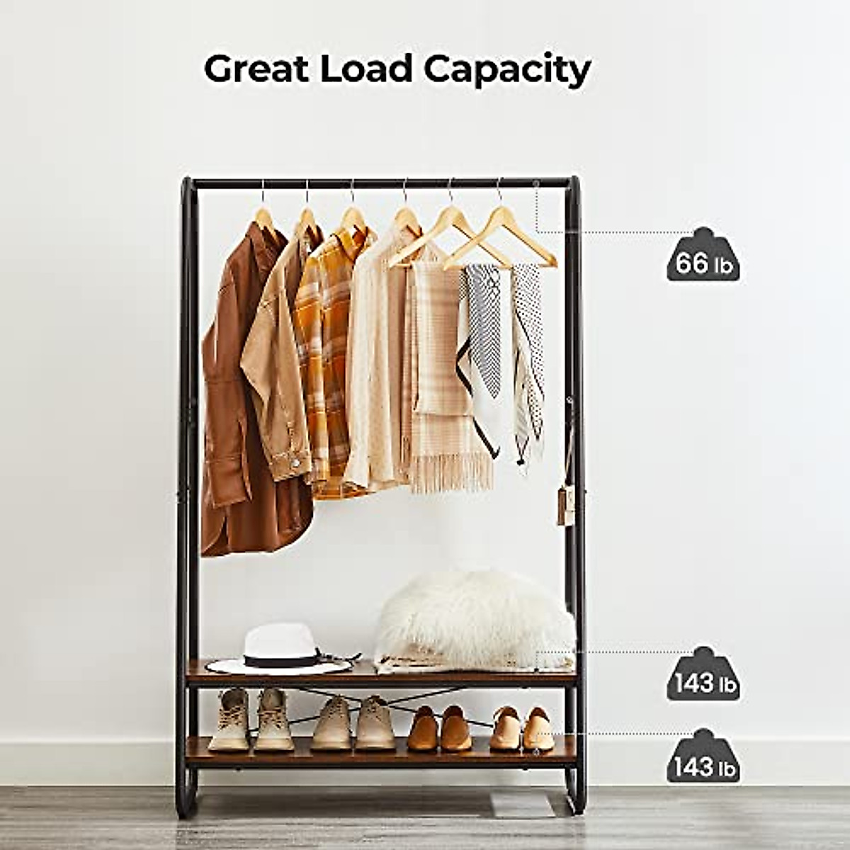 VASAGLE Clothes Rack, Clothing Rack for Hanging Clothes, Garment Rack with 2 Shelves, 6 S-Shaped Hooks, Steel Frame, for Bedroom, Rustic Brown and Black URGR112B01