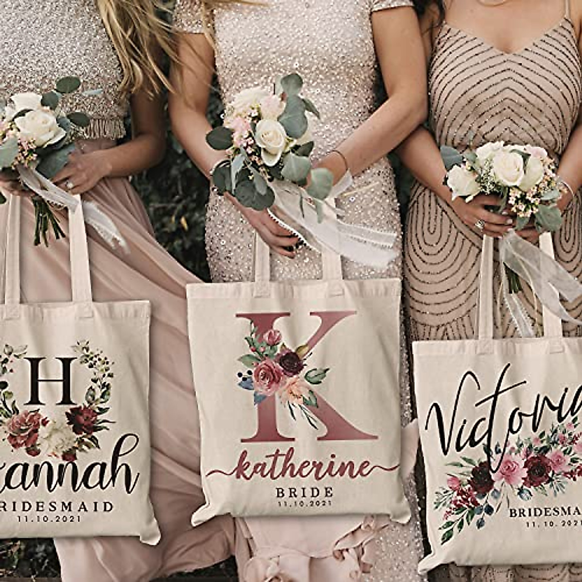 Generic Personalized Wedding Tote Bags Gift, Bride - Customized Floral Women Bag Custom Funny Beach Travel Grocery Bridesmaid Bachelorette Party Accessories Gifts C2, Beige, Single