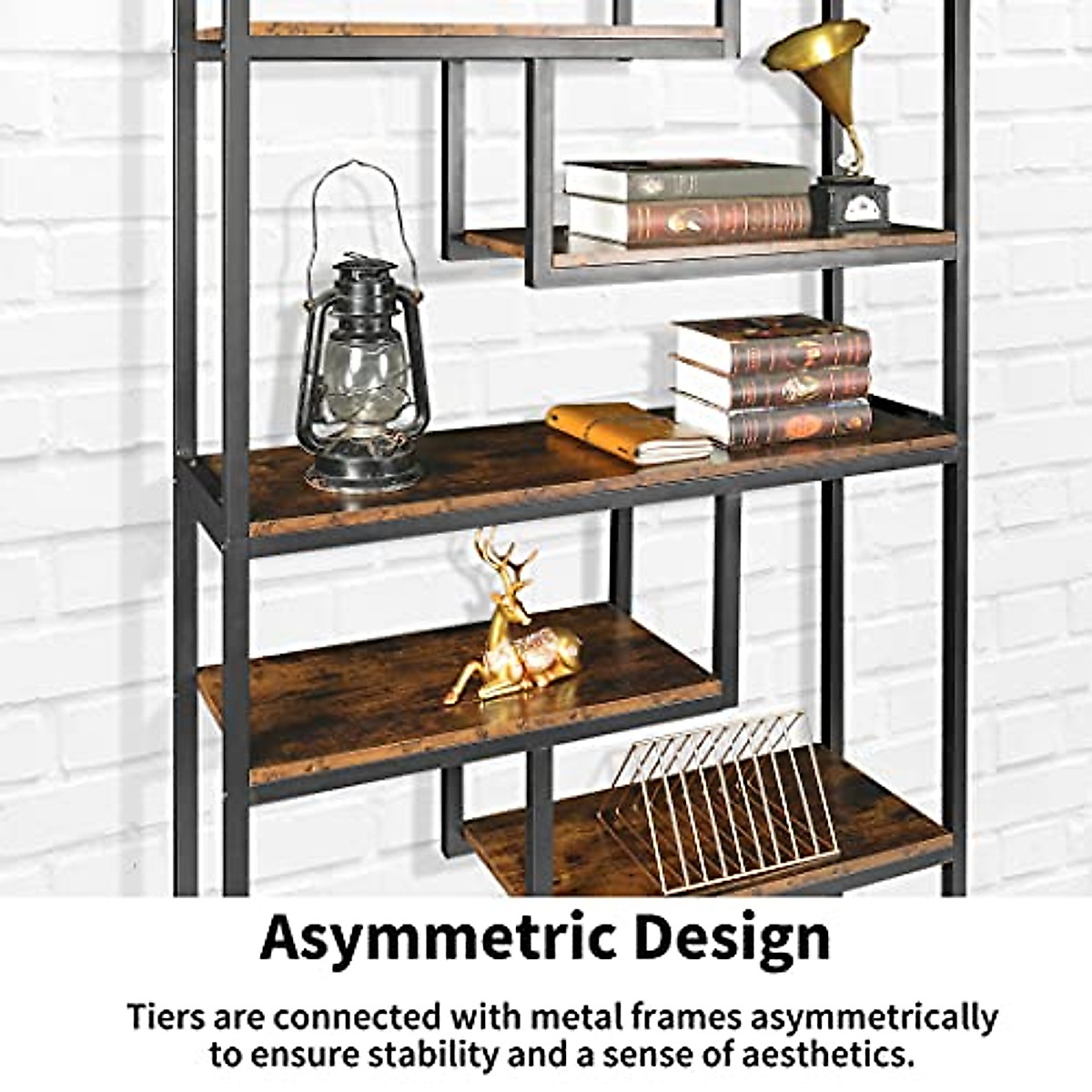 Becko US Bookshelf Bookcase Industrial 7 Tier Bookshelf Vintage Etagere Bookcase with Rustic Finish Rustic Vintage Display Shelf Storage Open Rack for Home Office (Rustic Brown)