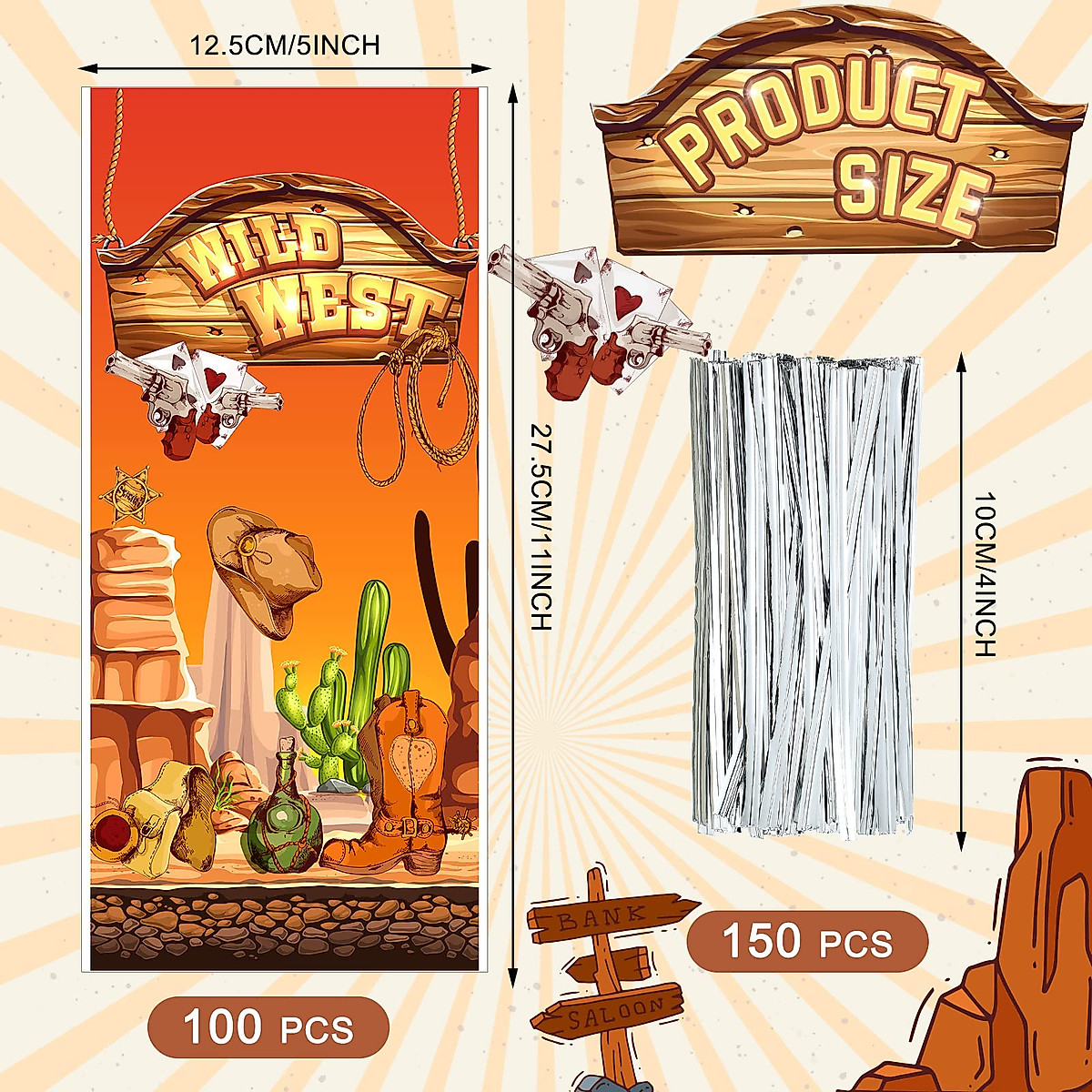 100 PCS Western Cowboy Cellophane Bags Cowboy Party Decorations Wild West Cowboy Gift Treat Bag Goodie Candy Bags with Ties Wild West Cowboy Birthday Party Supplies Favors