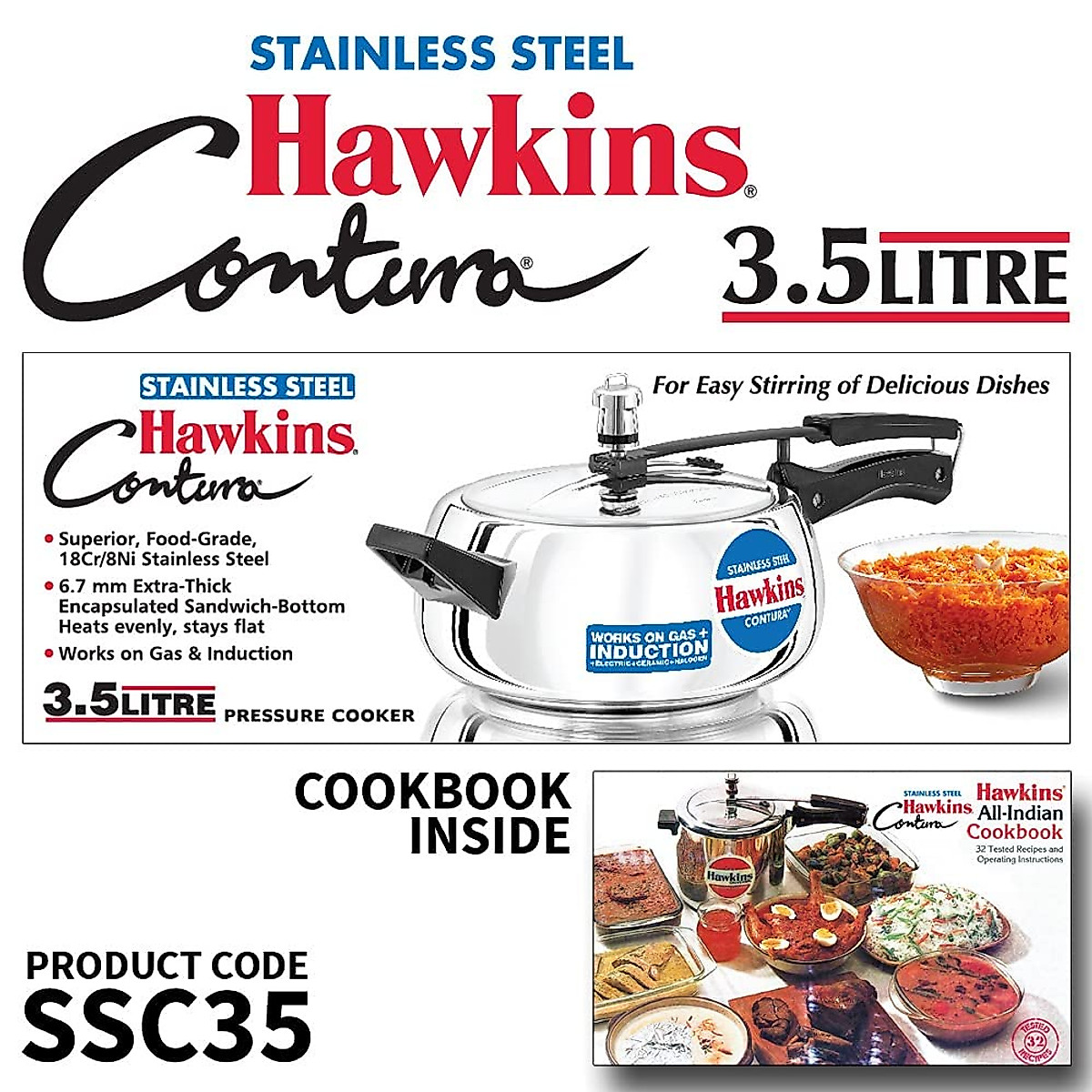 Hawkins SSC35 Induction Base Stainless Steel Pressure Cooker, 3.5L, Silver