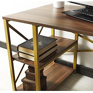 Complete Computer Workstation Desk with Storage Furnish Home Store Gold Metal Frame 47" Wooden Top 2 Shelves Writing and Computer Desk for Home Office (Black)