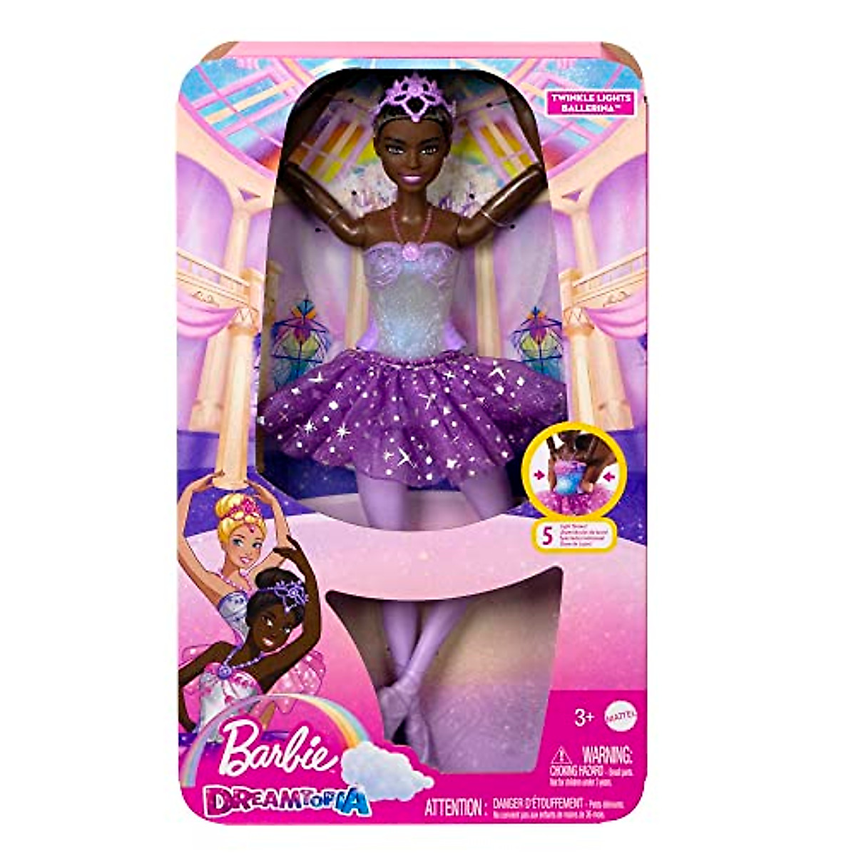 Barbie Dreamtopia Doll, Twinkle Lights Posable Ballerina with 5 Light-Up Shows, Sparkly Purple Tutu, Black Hair & Tiara