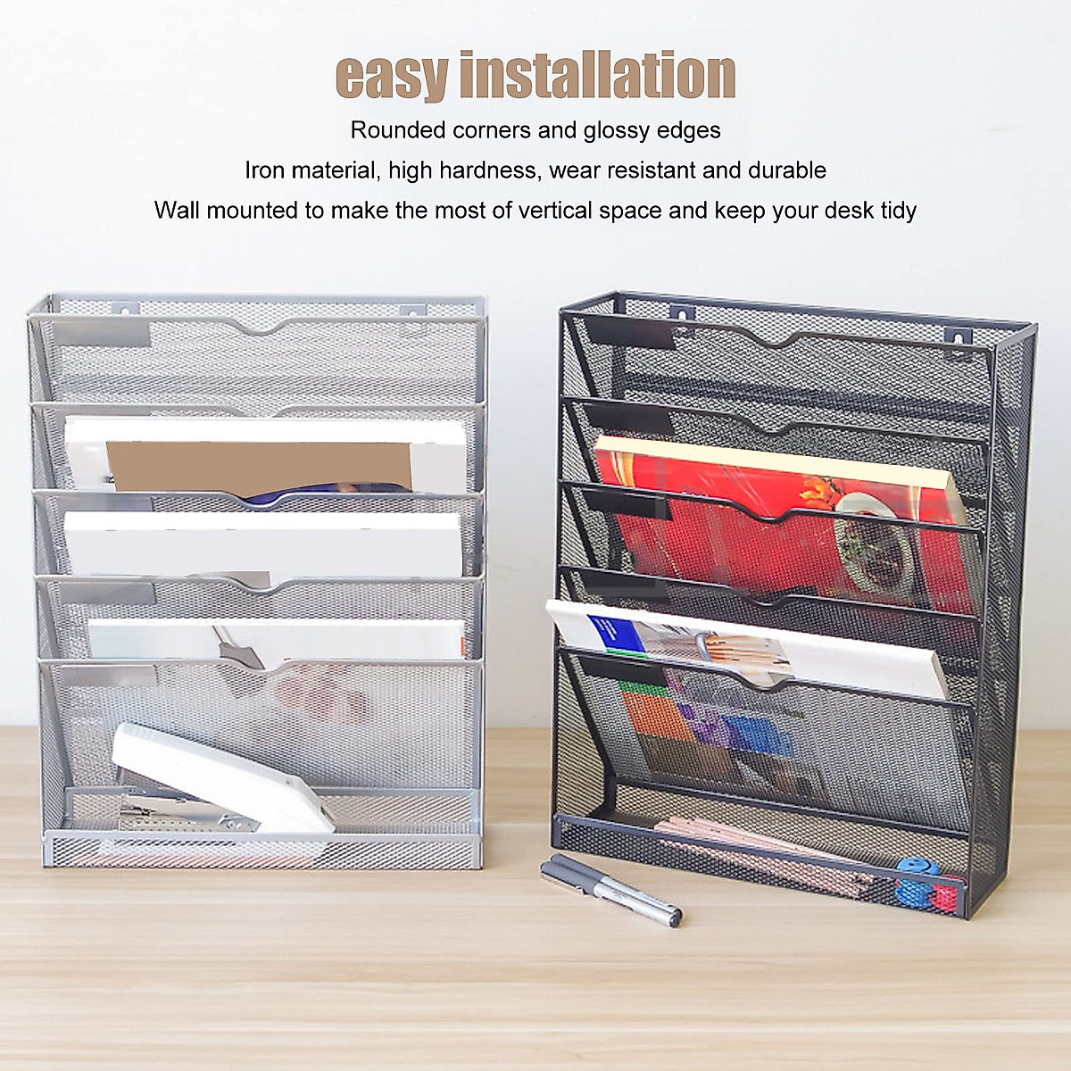 Wall File Organizer 5 Tier Silver Heavy Duty Metal Mesh Hanging Mail Magazine Rack 40 x 32 x 11 cm Vertical Paper Holder for Newspaper Folders