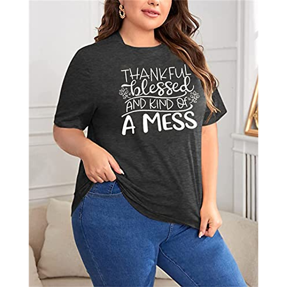 Plus Size Thankful Blessed and Kind of A Mess Shirt Women Thanksgiving Thankful Tshirt Casual Short Sleeve Fall Tee Top