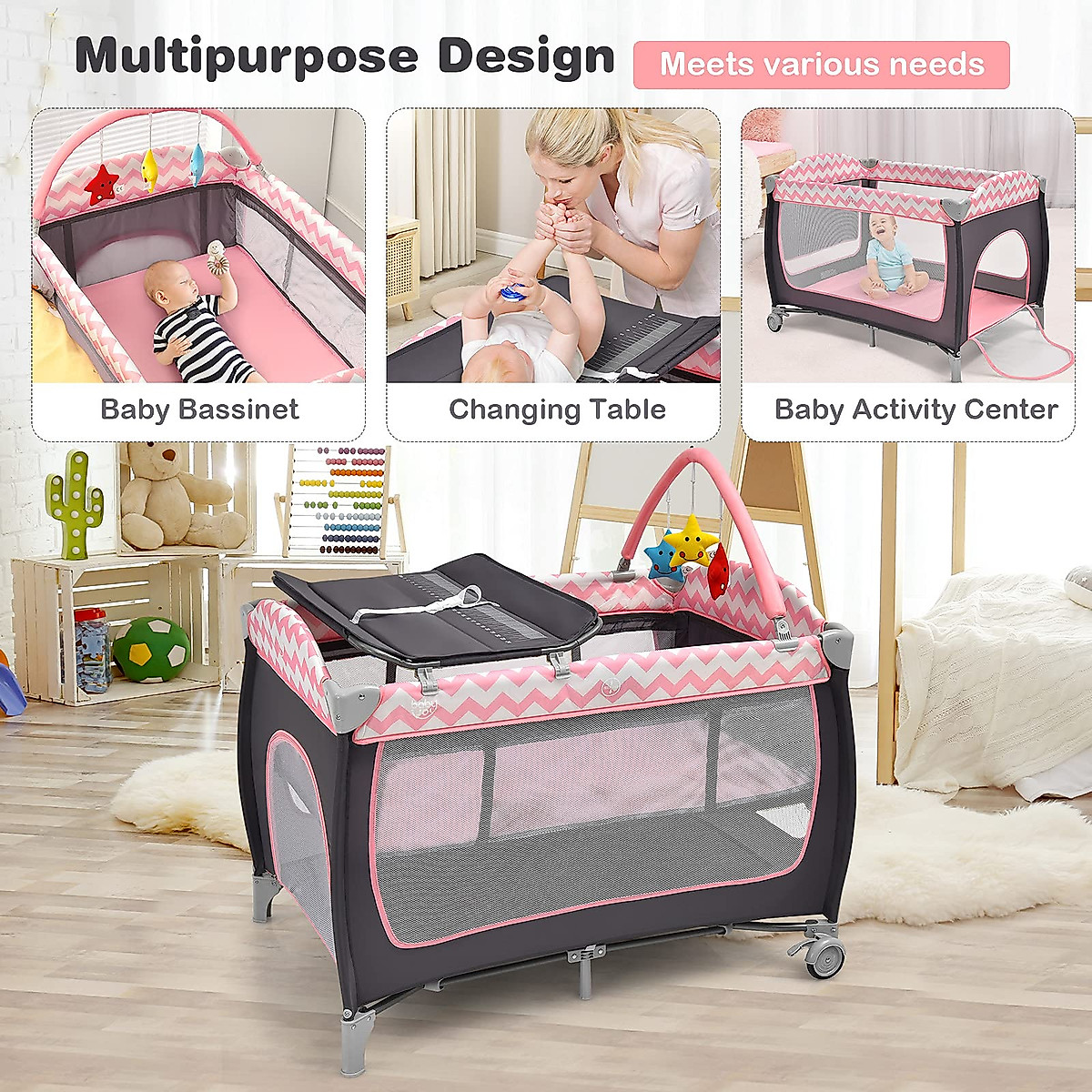 BABY JOY 4 in 1 Pack and Play, Portable Baby Playard with Bassinet, Side Zipper Door, Changing Table, Indoor Outdoor Travel Nursery Center w/Toy Bar, Lockable Wheels, Carry Bag