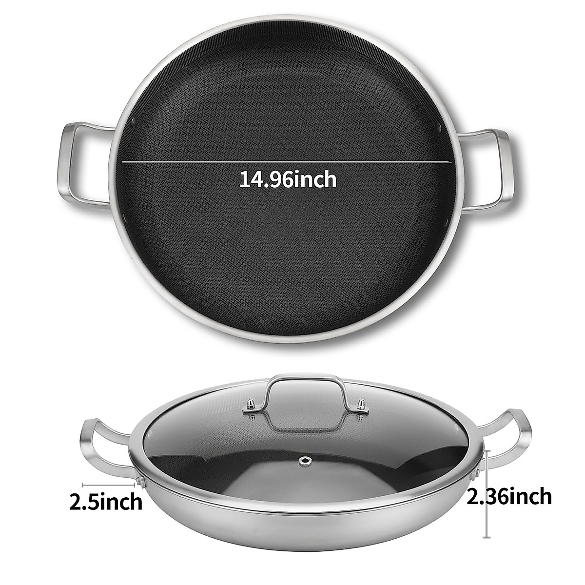 DELARLO Paella Pan 14 Inch Tri-Ply Stainless Steel Paella Pan with Lid Nonstick Frying Pan, Hybird Induction Large Skillets,Great for Paella Parties Indoors Outdoors,Heavy Duty Style