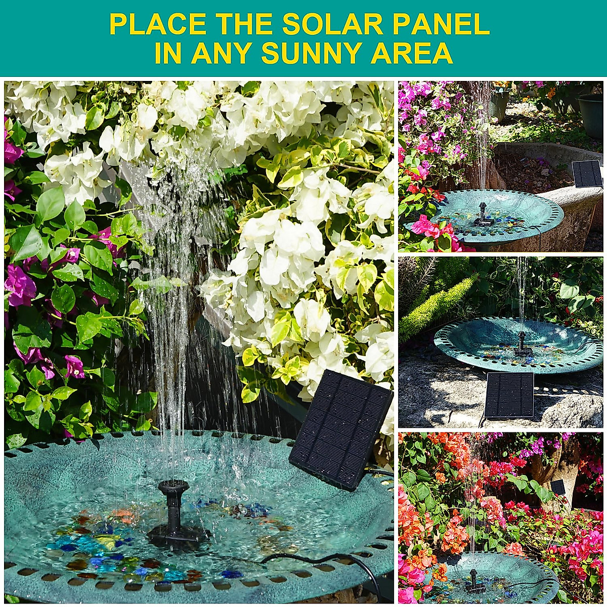 ZOLOCHEL Solar Fountain Kit 2024 Upgraded Glass Panel,9.84 Power Cord Solar Bird Bath Fountains No Battery DIY 9 Nozzles, Solar Water Fountain for Bird Bath Garden Décor(Black)