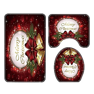 ZanLa Christmas Shower 4PCS Set Merry Christmas Shower Curtain Bathroom Floor Mat Base Mat Toilet Mat Christmas Bathroom Decoration