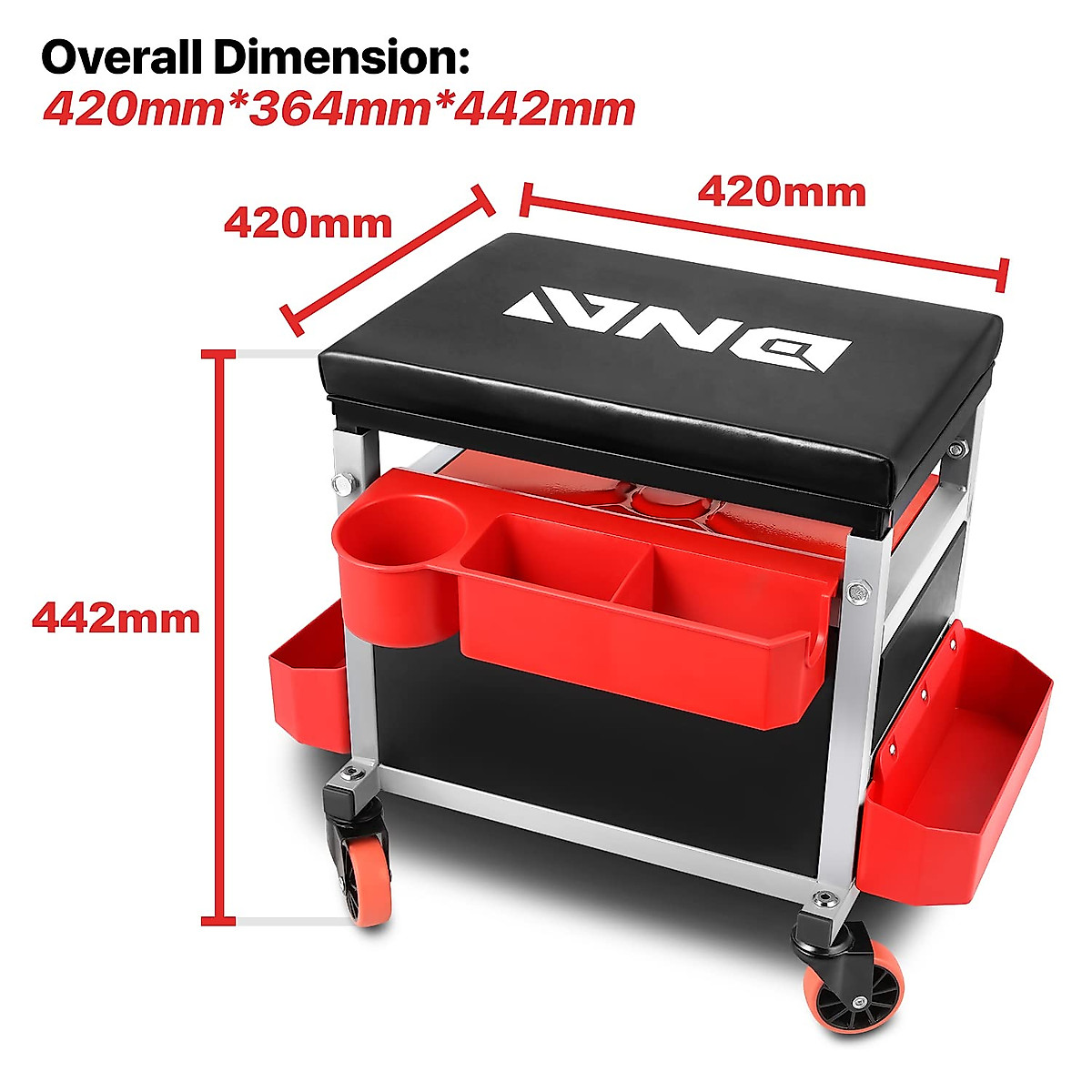 DNA Motoring TOOLS-00198 Adjustable Height Mechanics Roller Seat Creeper Stool With Padded Cushion, Tool Storage Drawer & Tray, 350 Lbs Max Weight Capacity