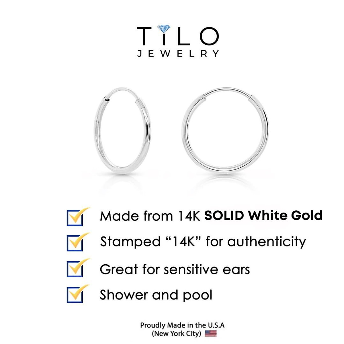 14k White Gold Round Endless Hoop Earrings - 10-18mm (10mm)…